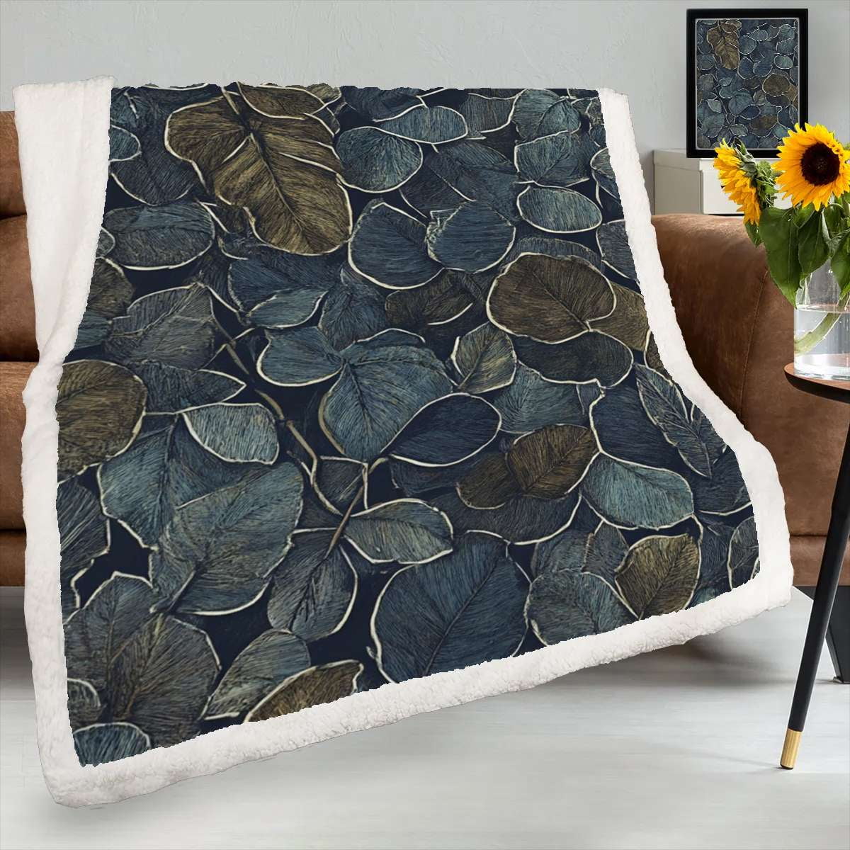 Dark Blue Leaf Pattern Design Sherpa Blanket Throw Blanket For Bed ...