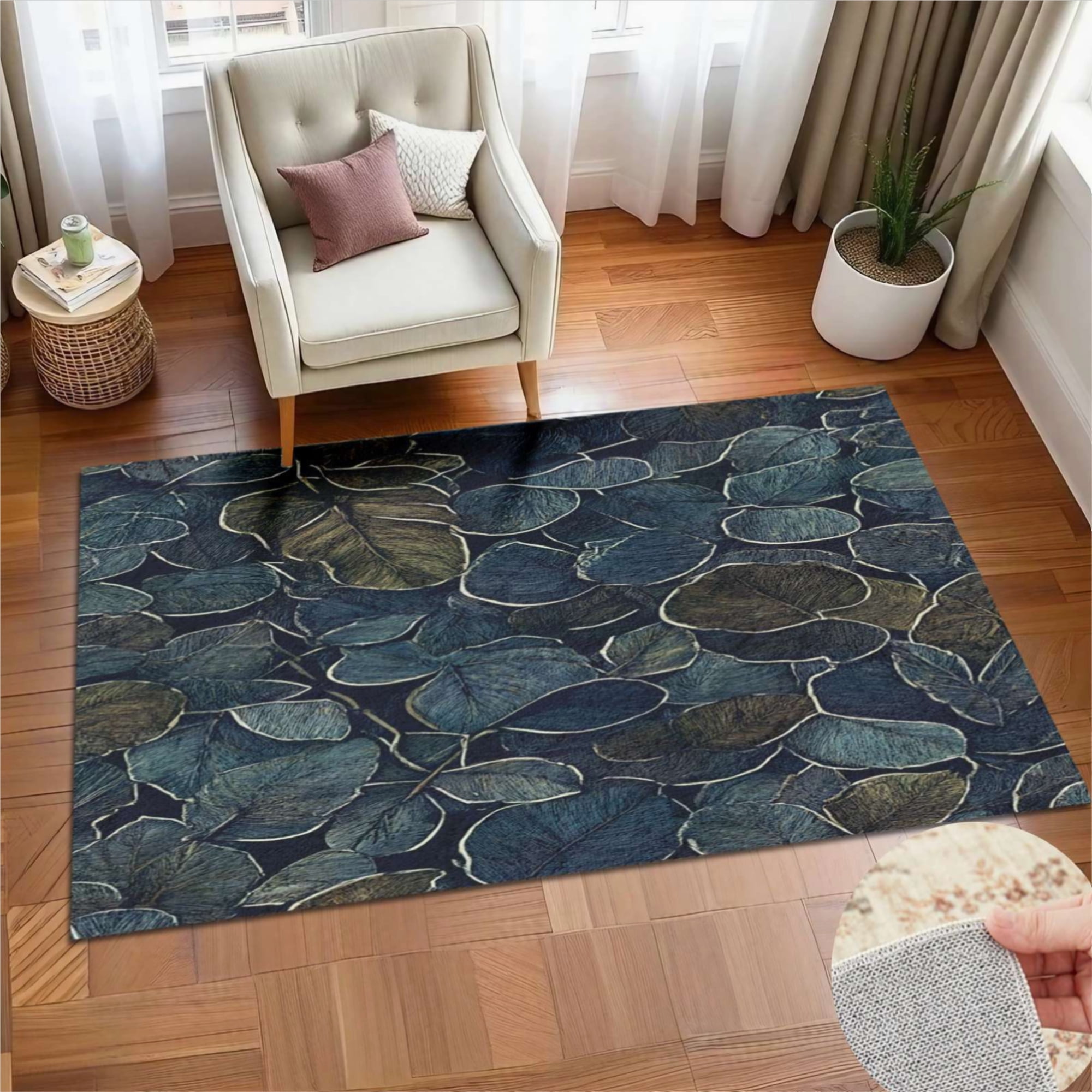 Dark Blue Leaf Pattern Design Soft Large Area Rugs Washable Rug With ...