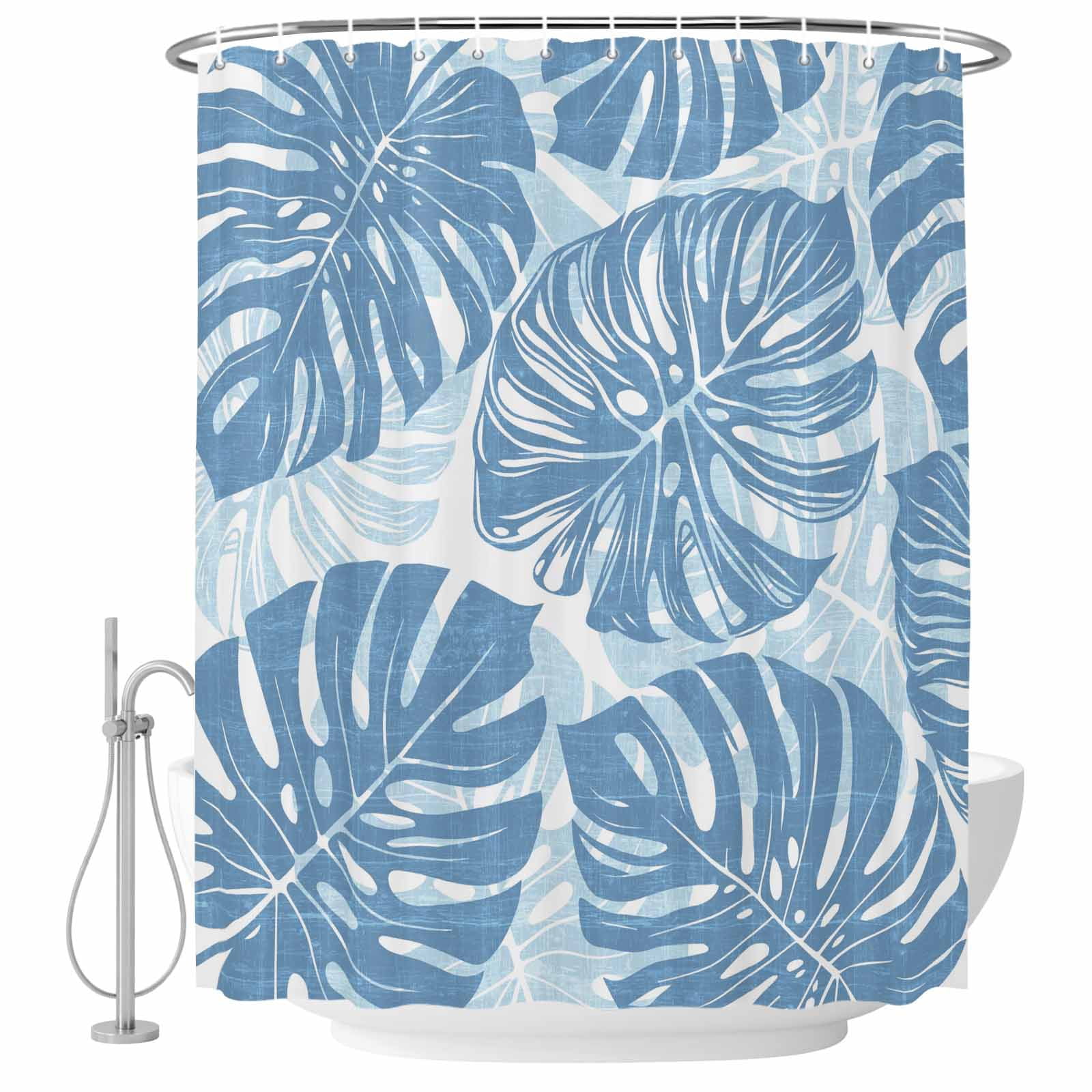 Dark Blue Leaf Shower Curtain for Bathroom, Tropical Country Watercolor ...