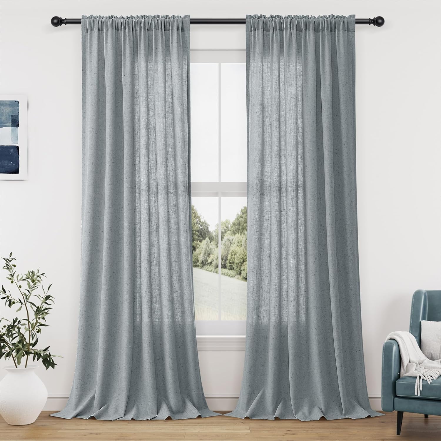 Dark Blue Linen Curtains 84 Inches Long 2 Panel Set Rod Pocket Semi ...