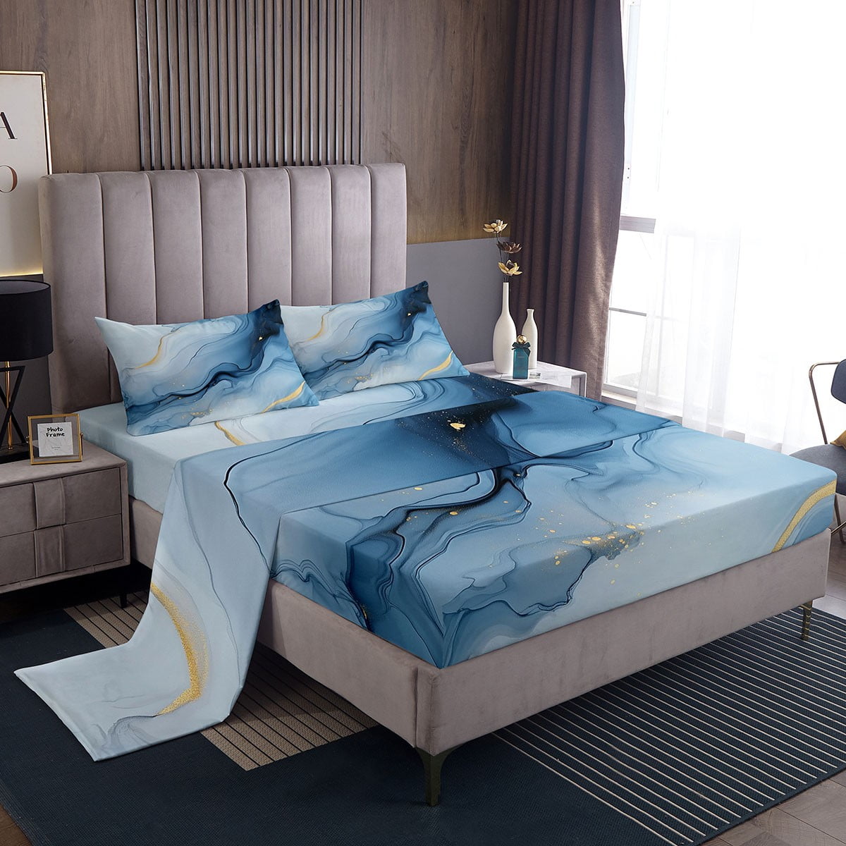 Dark Blue Marble Bed Sheets For Adults Women,Abstract Marble Grain ...