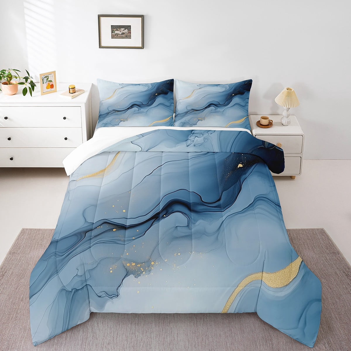 Dark Blue Marble Comforter Sets For Adults Women,Abstract Marble Grain ...