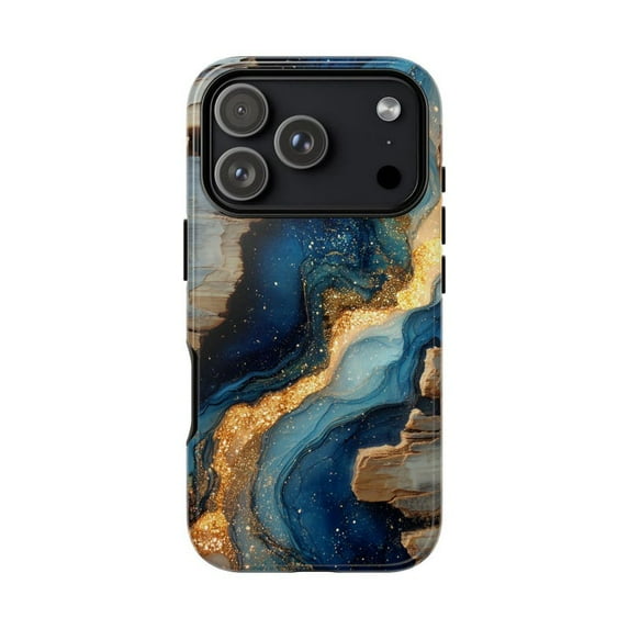 Dark Blue Marble Resin Gold Flow Tough Case for iPhone 11,12,13,14,15 ...