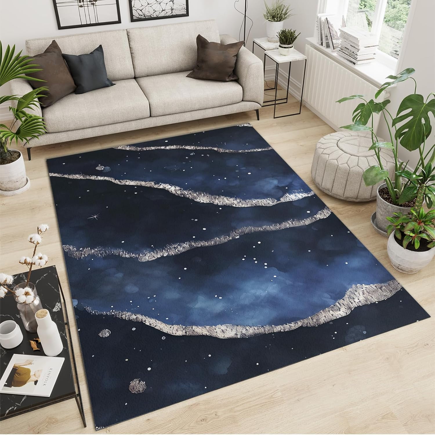 Dark Blue Marble Texture Area Rug, 4x6 Retro Abstract Luxury Washable ...