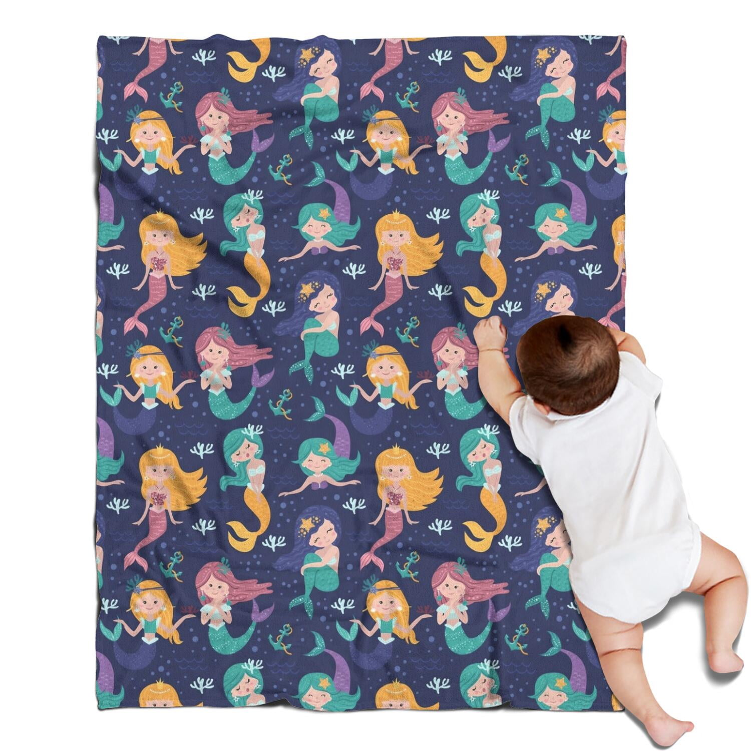 Dark Blue Mermaid Princess Pattern Blanket,Comfortable Soft Lamb Wool ...