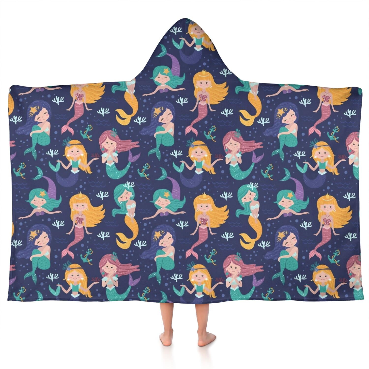 Dark Blue Mermaid Princess Pattern Hooded Bath Towel，50"x30" for Ages 3 ...
