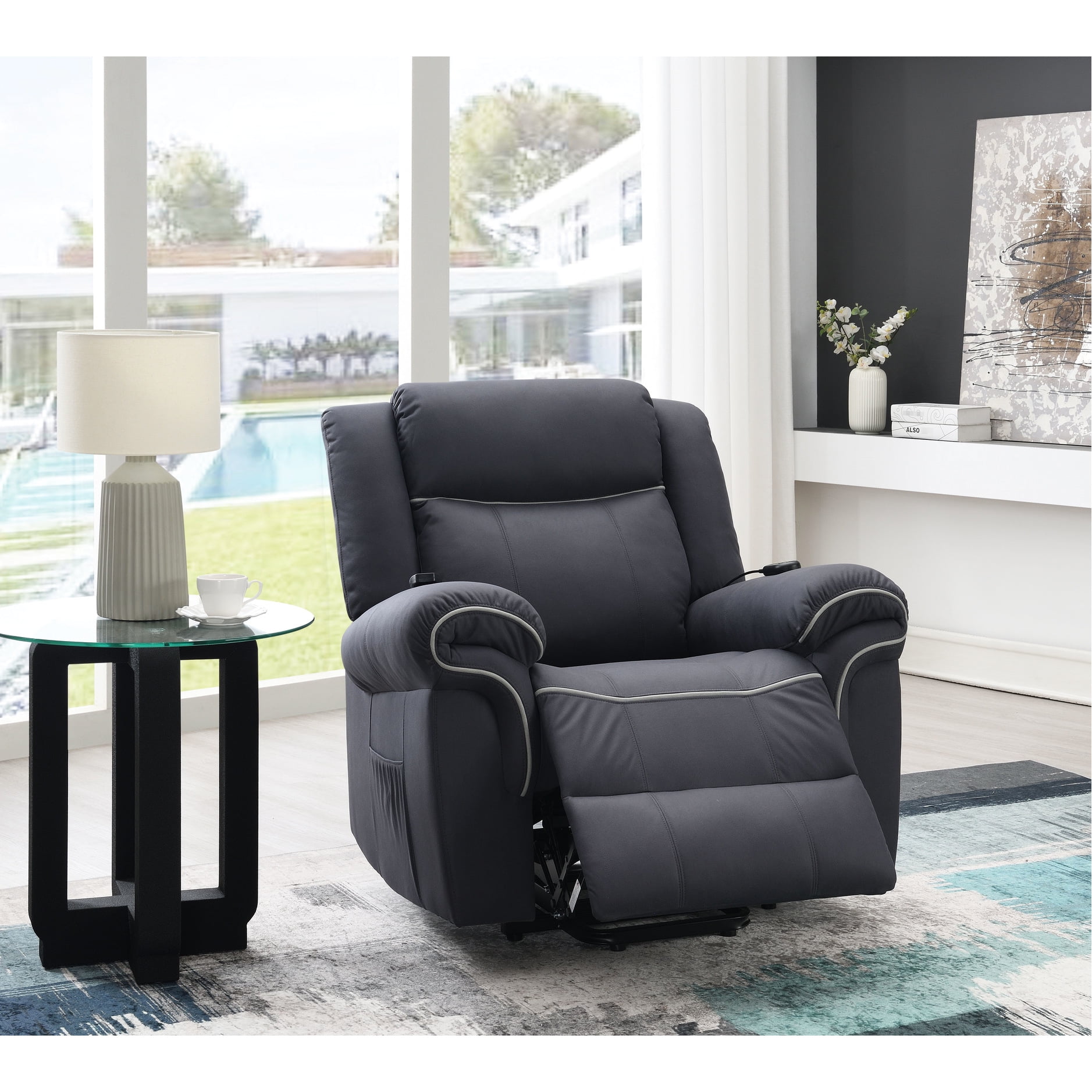 Dark Blue Microfiber Recliner Chair With Heating, Lift, And Extra ...
