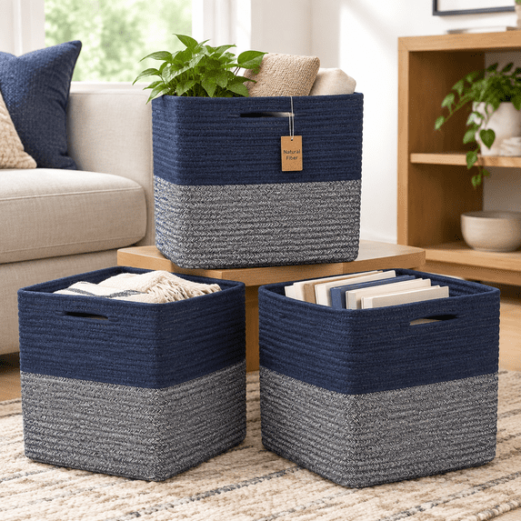 Dark Blue & Mixed Dark Blue 3-Pack Woven Rope Storage Baskets For ...