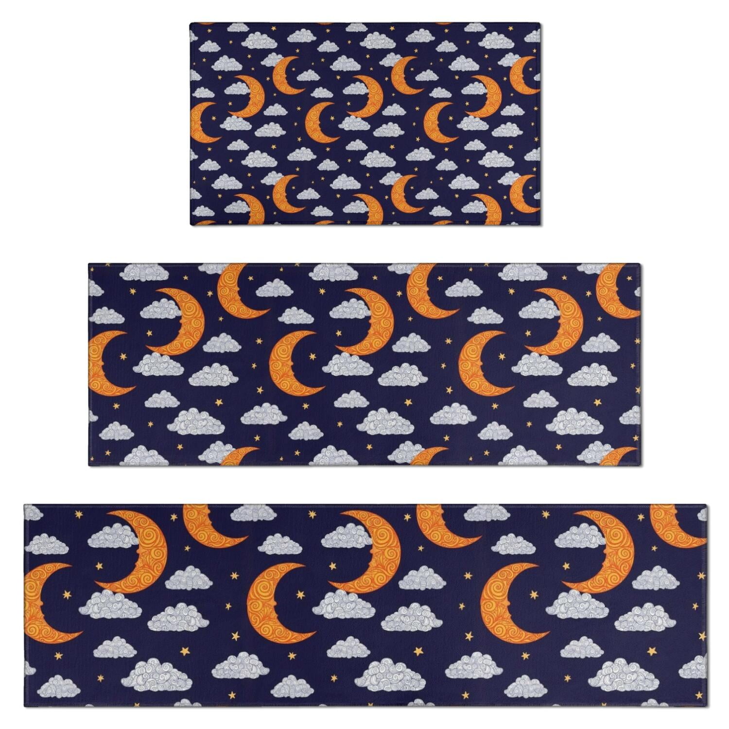 Dark Blue Moon Cloud Star Pattern Kitchen Rugs Sets Of 3,Kitchen Runner ...