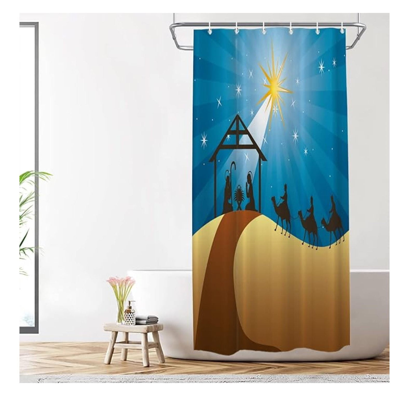 Dark Blue Nativity Wise Men Decorative Shower Curtain, S Christmas Star ...