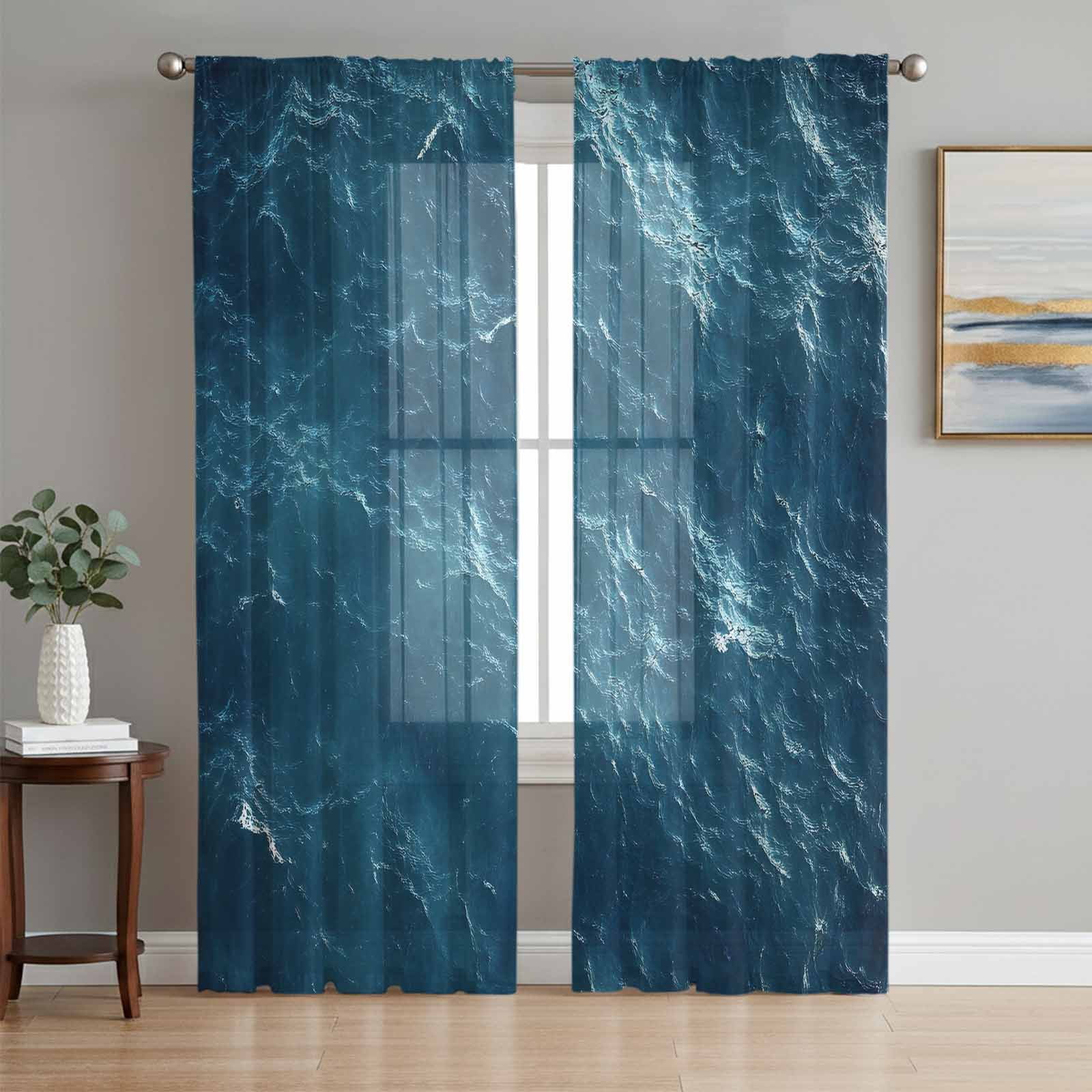 Dark Blue Nautical Sheer Curtains 63 Inch Length 2 Panels Set, Ocean ...