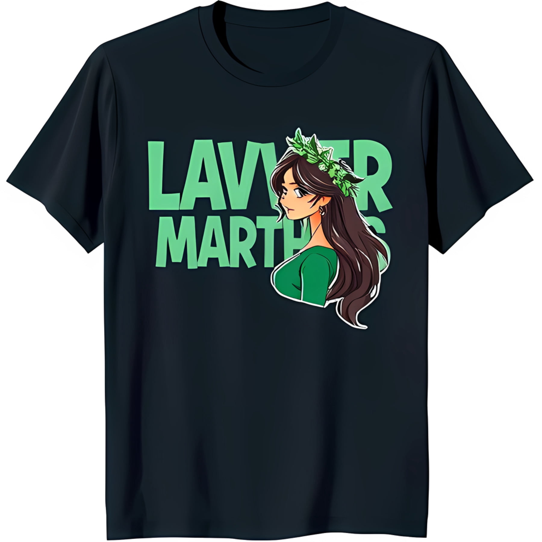 Dark Blue Neck T-Shirt with Light Green Graphic of Woman in Wreath and ...