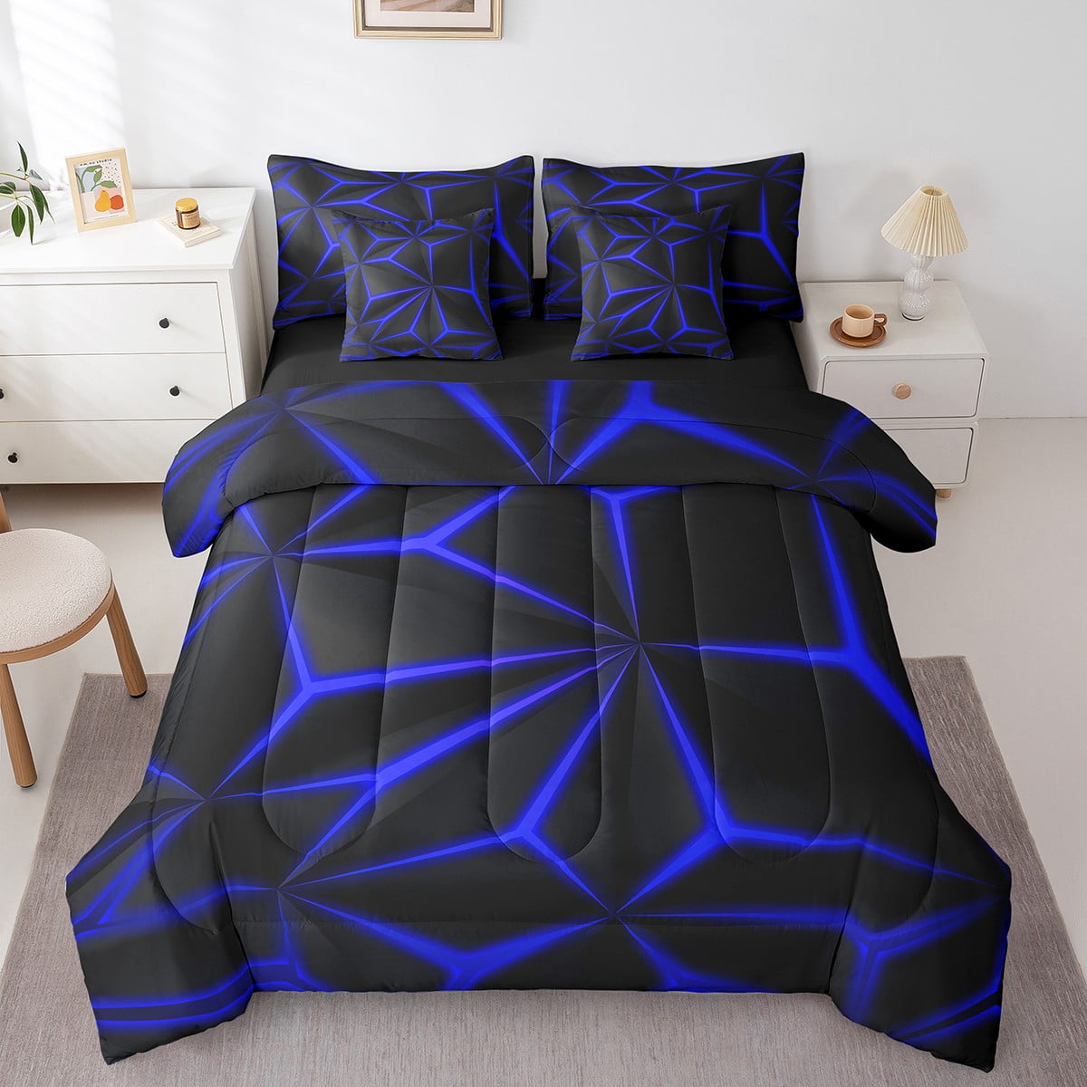 Dark Blue Neon Bedding Sets for Boys, Geometric Diamond Comforter Set 7 ...
