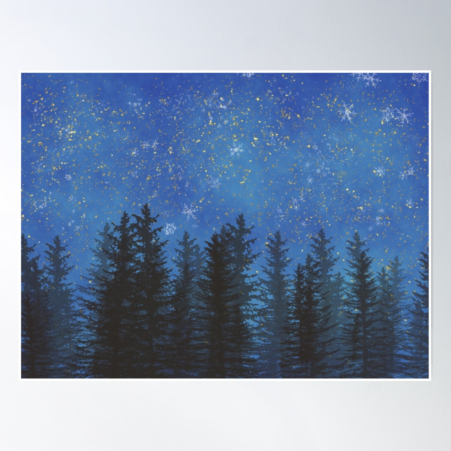 Dark Blue Night Sky Forest Winter Scene Poster Wall Art, Modern Wall Decor, 8x12 UNFRAMED ...