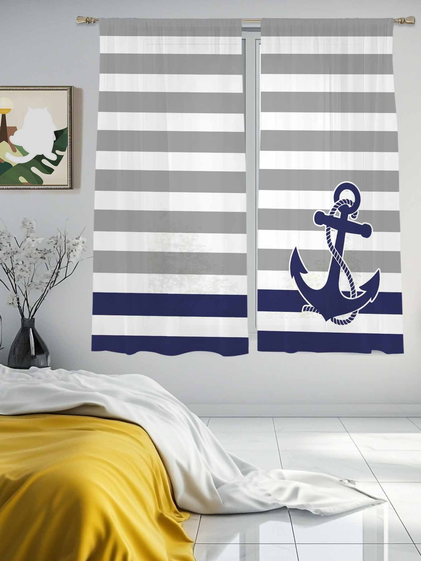 Dark Blue Ocean Anchor Sheer Curtains 2 Panels Set Gray White Stripe ...