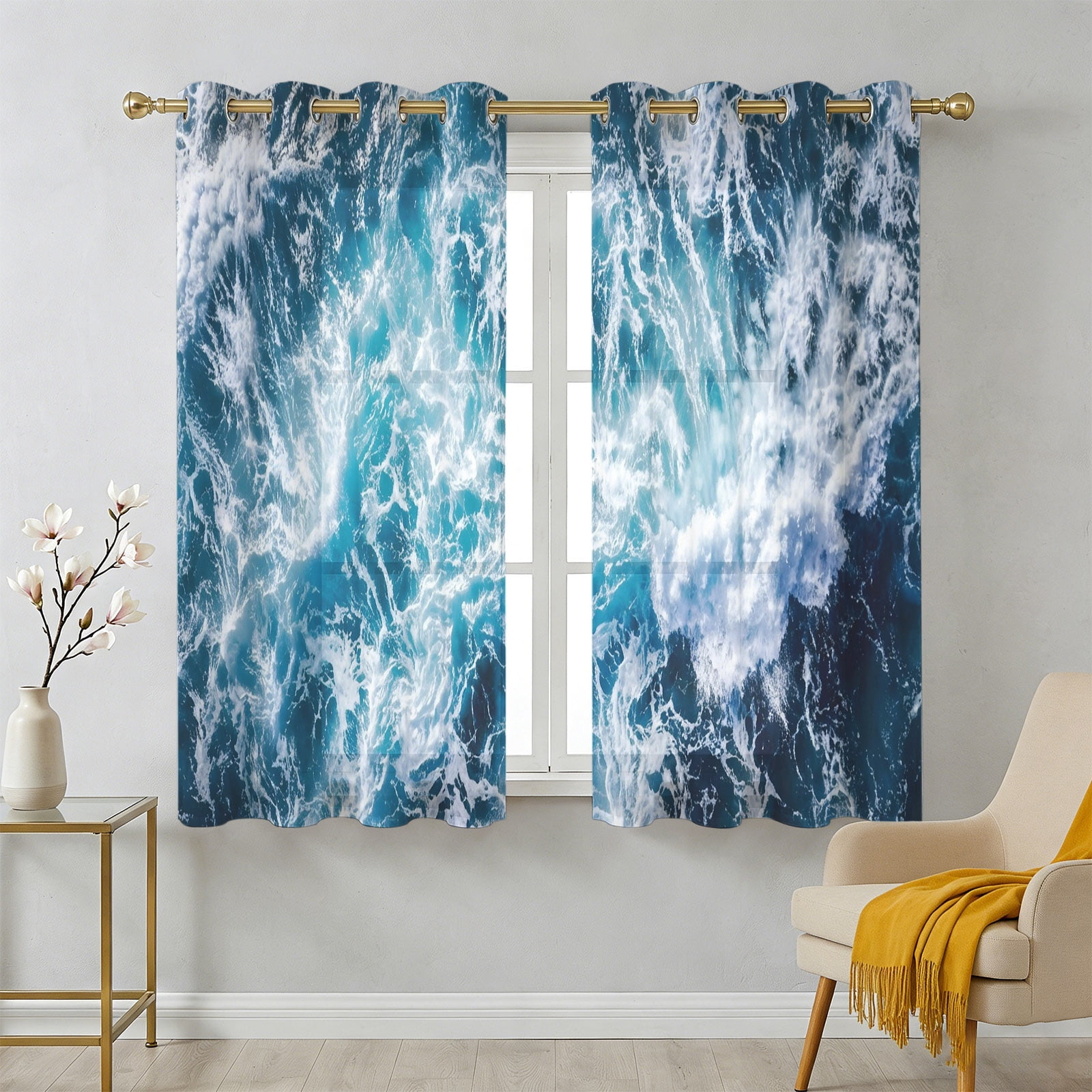 Dark Blue Ocean Scenery Sheer Curtains 54 Inch Long 2 Panels, Ombre Sea ...