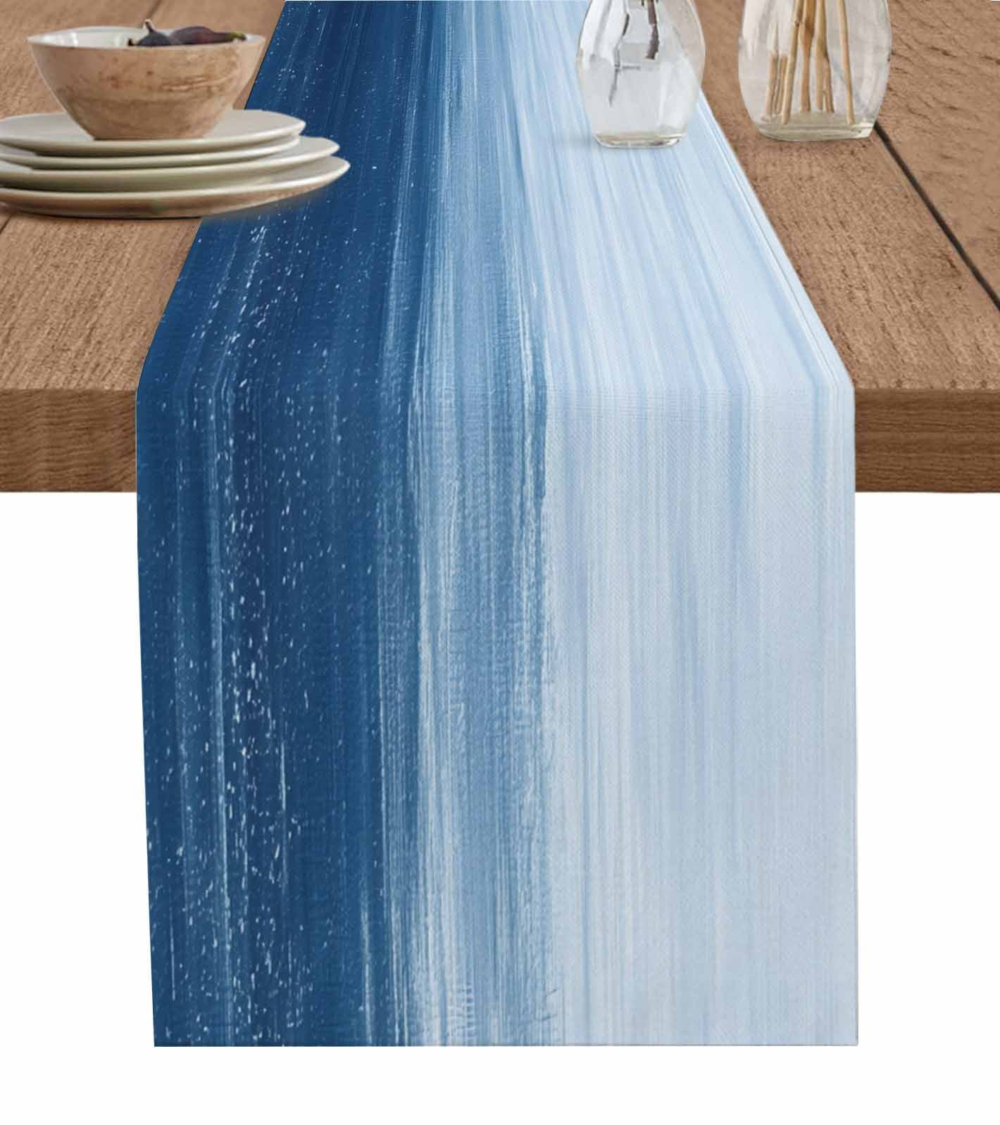 Dark Blue Ocean Short Table Runners 48 Inches, Cotton Linen Fabric ...