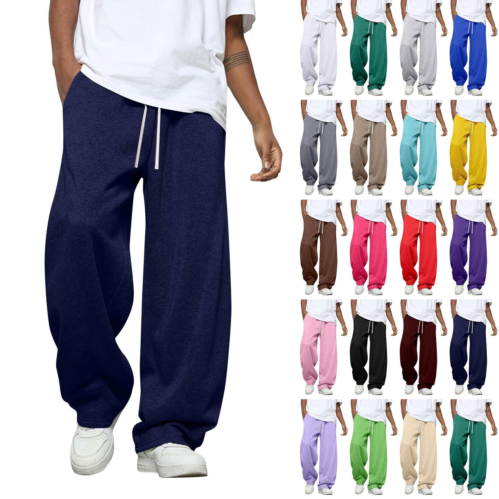 Dark Blue Open Hem Sweatpants Mens Straight Wide Leg with Draw Sting ...