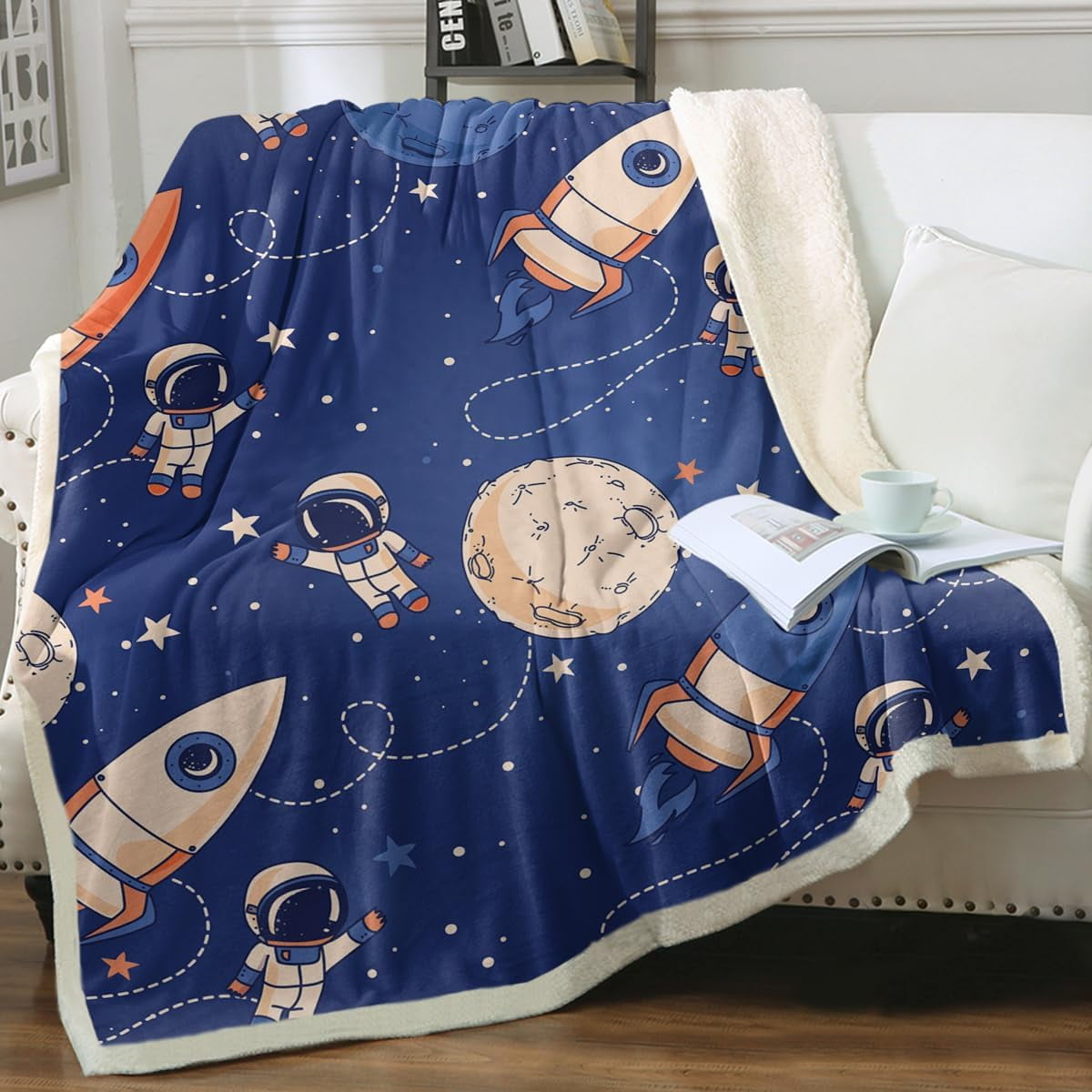 Dark Blue Outer Space Pattern Plush Sherpa Blanket for Kids Boys Rocket ...
