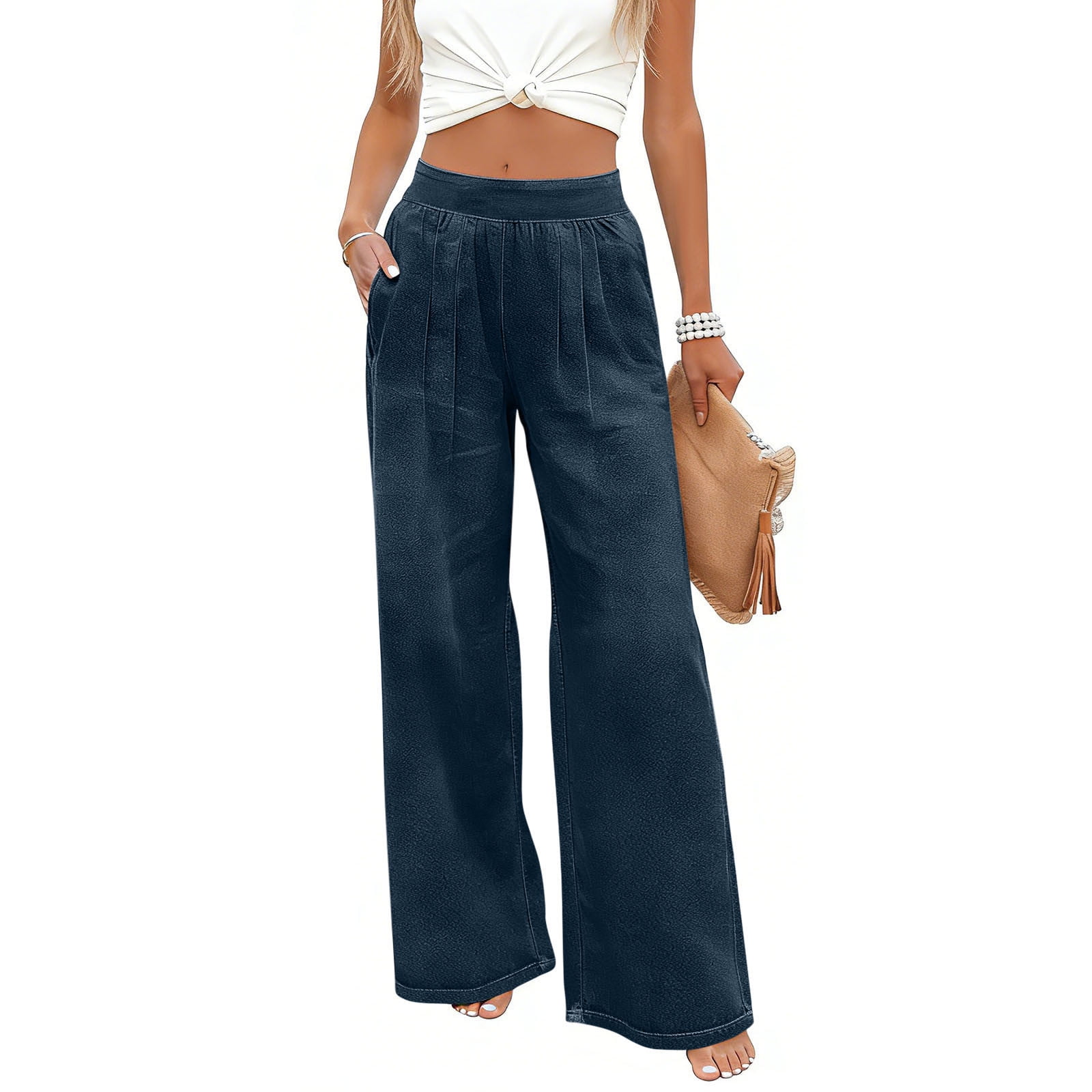 Dark Blue Palazzo Pants for Women High Waisted Elastic Waistband Loose ...