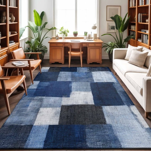 Dark Blue Patchwork Washable Area Rug 3 x 5 ft Modern Abstract Indigo ...