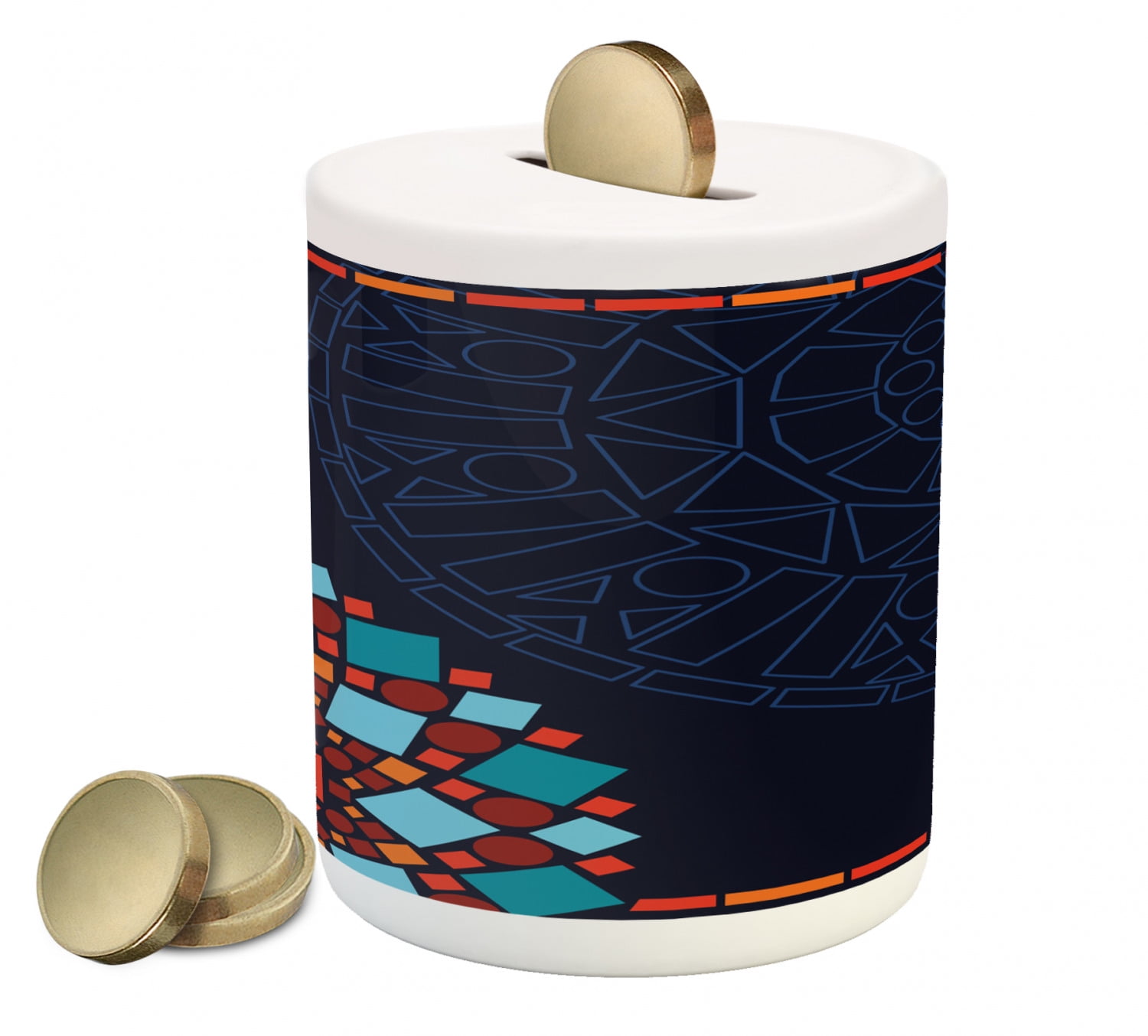 Dark Blue Piggy Bank, Colorful Geometric Circular Mandala Motifs ...