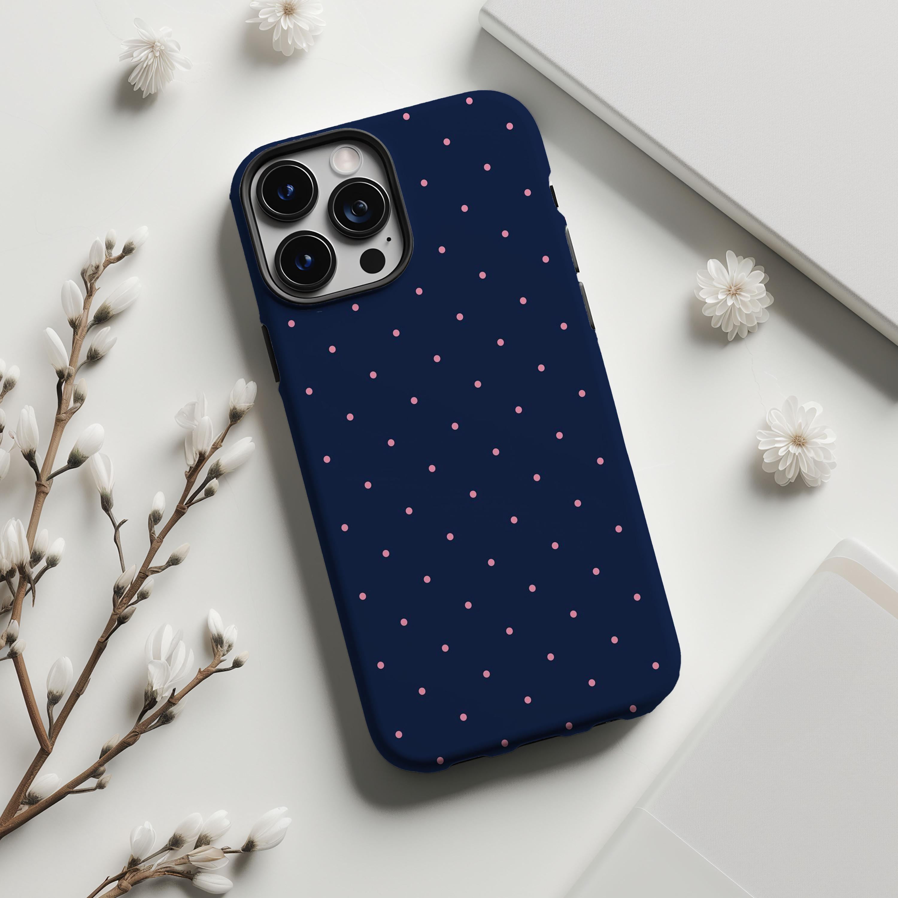 Dark Blue Pink Polka Dot Phone Case with Girlish Retro Look 17 to 11 ...
