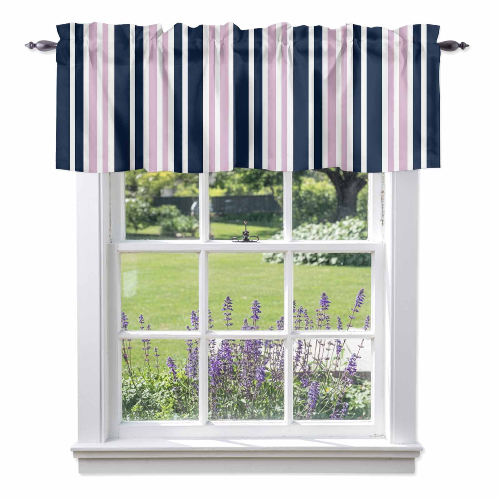 Dark Blue Pink Striped Line Valances for Windows,Rod Pocket Valance for ...