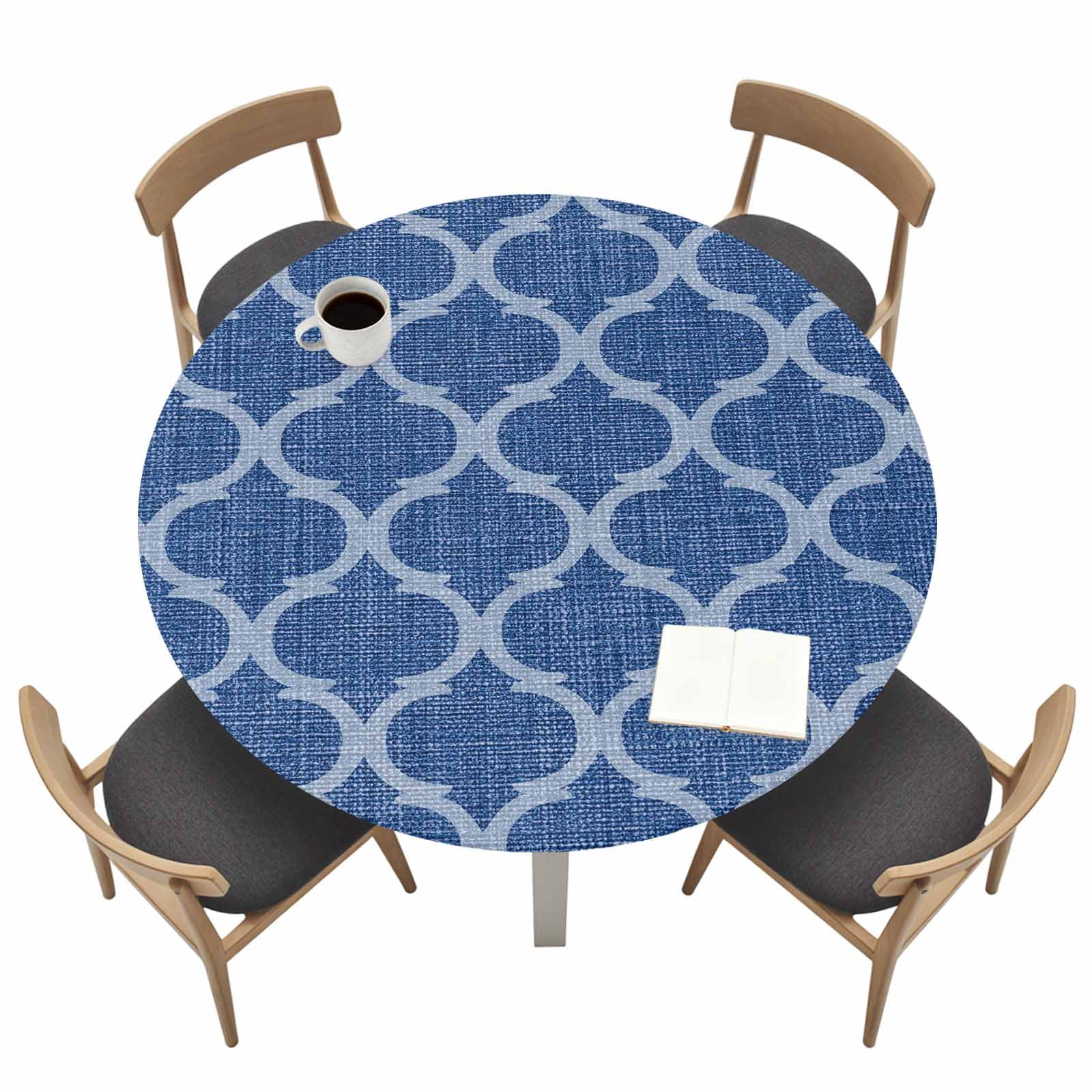 Dark Blue Plaid Round Fitted Tablecloth with Elastic Edge Retro Country ...