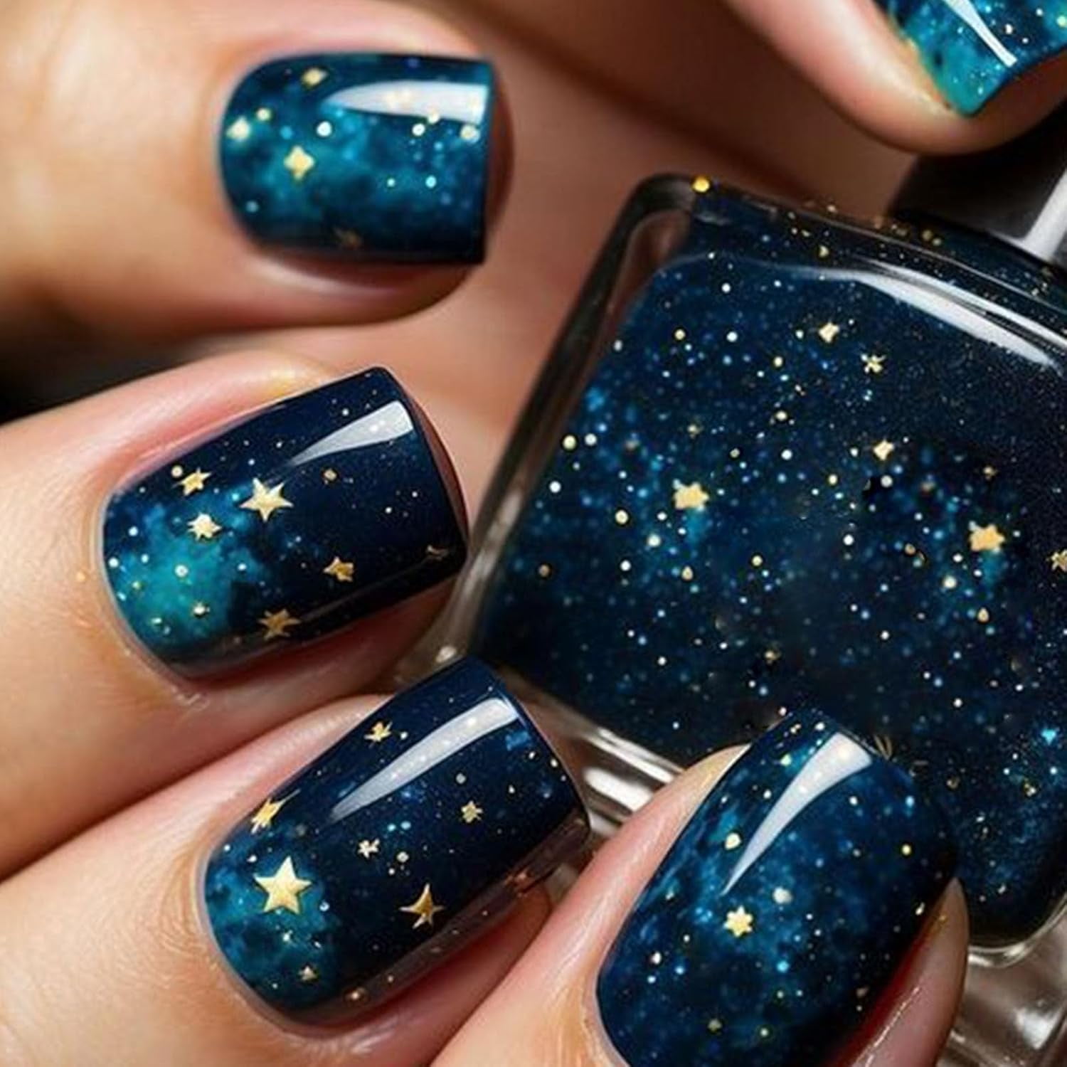 Dark Blue Press on Nails Short Fake Nails Starry Sky Nails Press ons Glossy Acrylic Nails Summer ...
