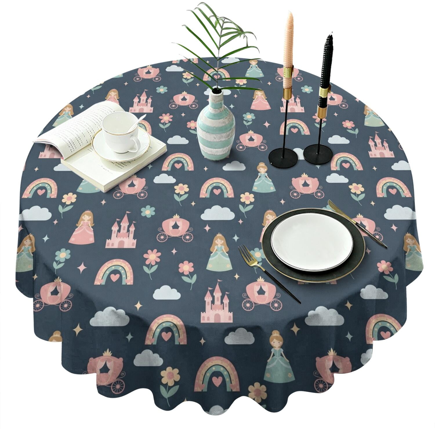 Dark Blue Princess Castle Carriage Pattern Round Tablecloth 60"x60 ...