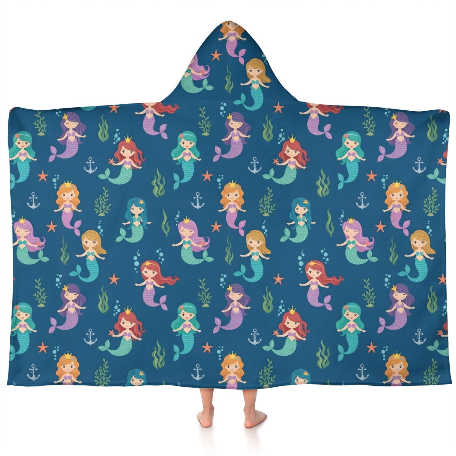 Dark Blue Princess Mermaid Sea Pattern Hooded Bath Towel，60"x35" for ...