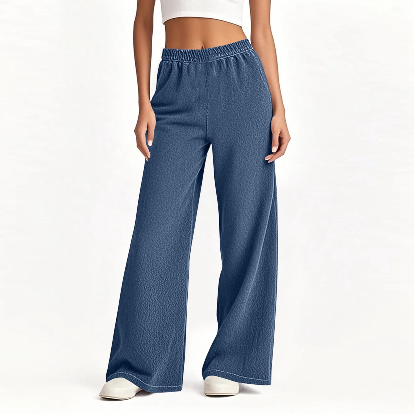 Dark Blue Pull On Jeans for Women High Waisted Wide Leg Womens Jeans ...