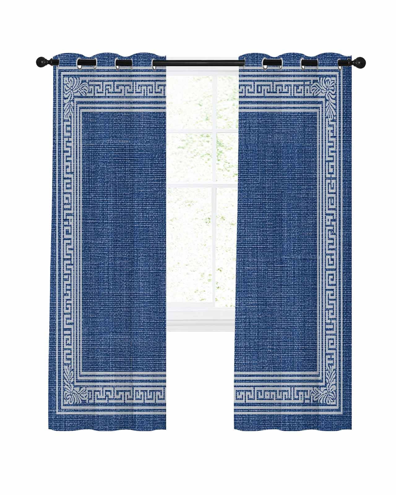 Dark Blue Retro Greek Key Blackout Curtains 63 Inches Long for Bedroom ...