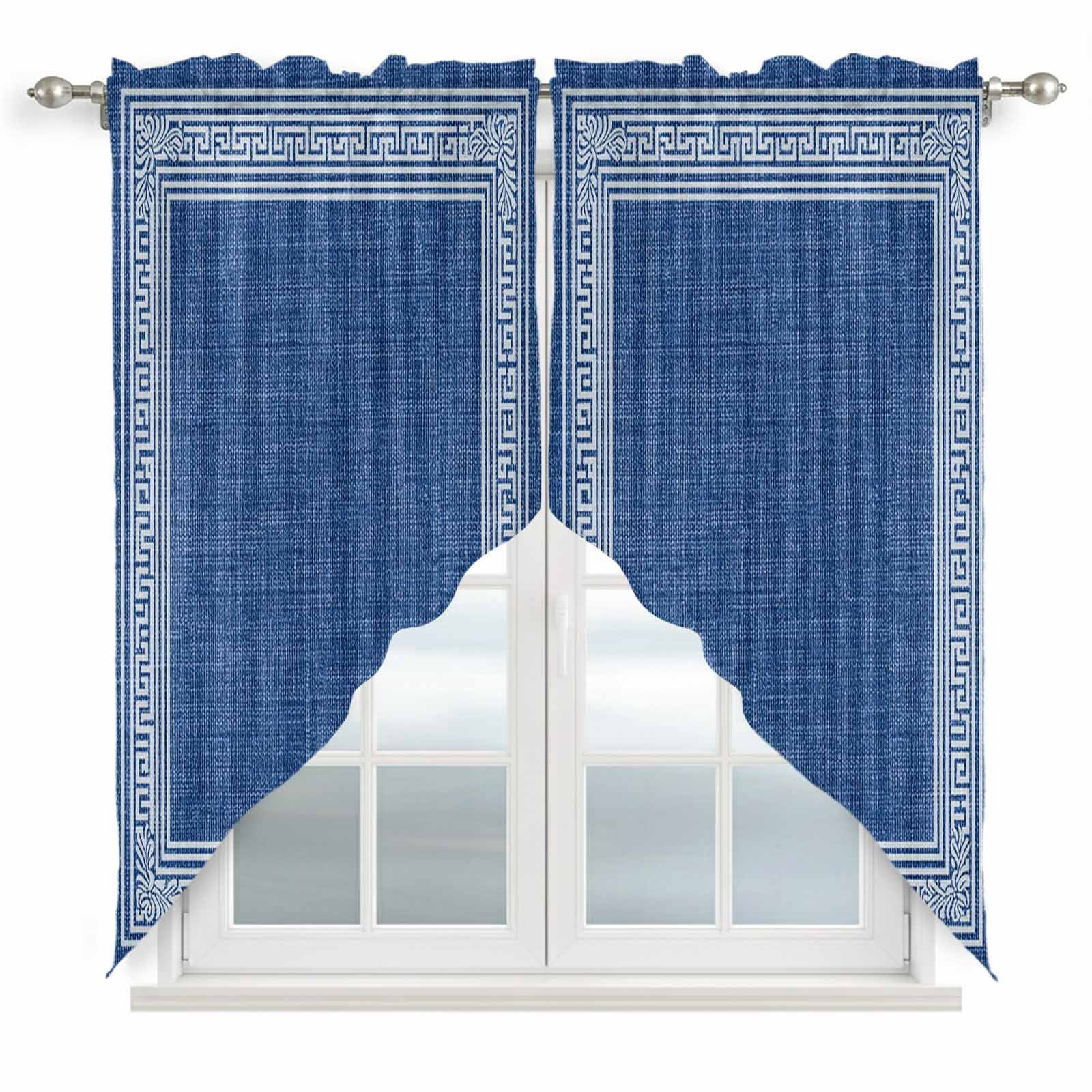 Dark Blue Retro Greek Key Kitchen Window Curtains, Swag Curtains ...