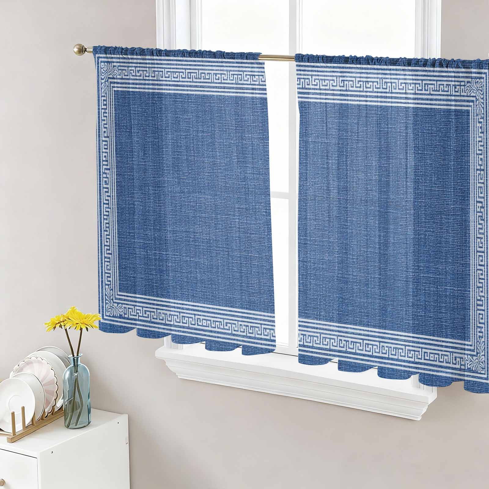 Dark Blue Retro Greek Key Semi Sheer Curtains 54 Inch Length 2 Panels ...
