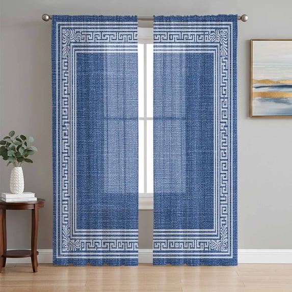 Dark Blue Retro Greek Key Semi Sheer Curtains 63 Inch Length 2 Panels ...