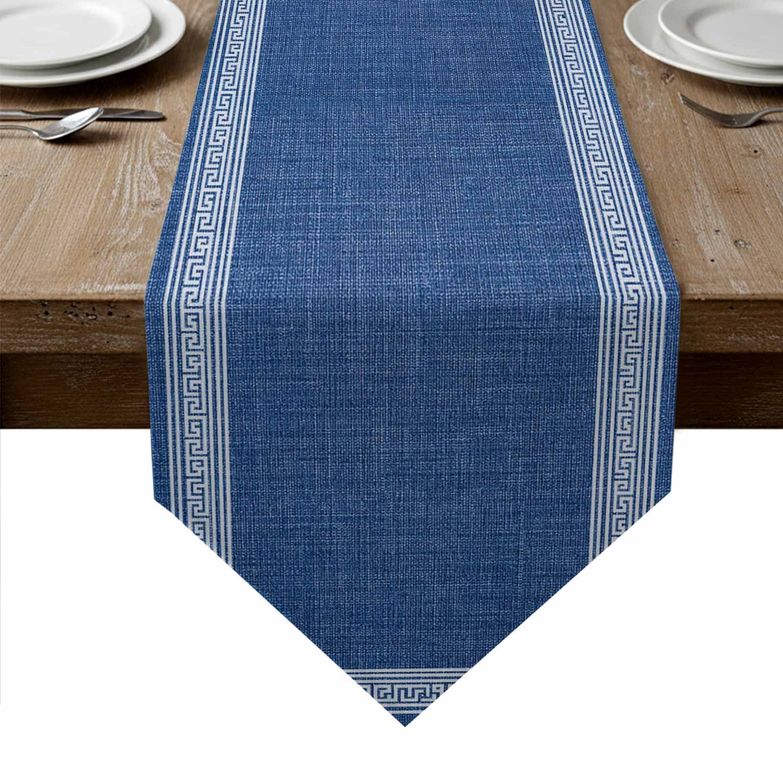 Dark Blue Retro Greek Key Table Runner Linen Burlap Table Runner 72 ...
