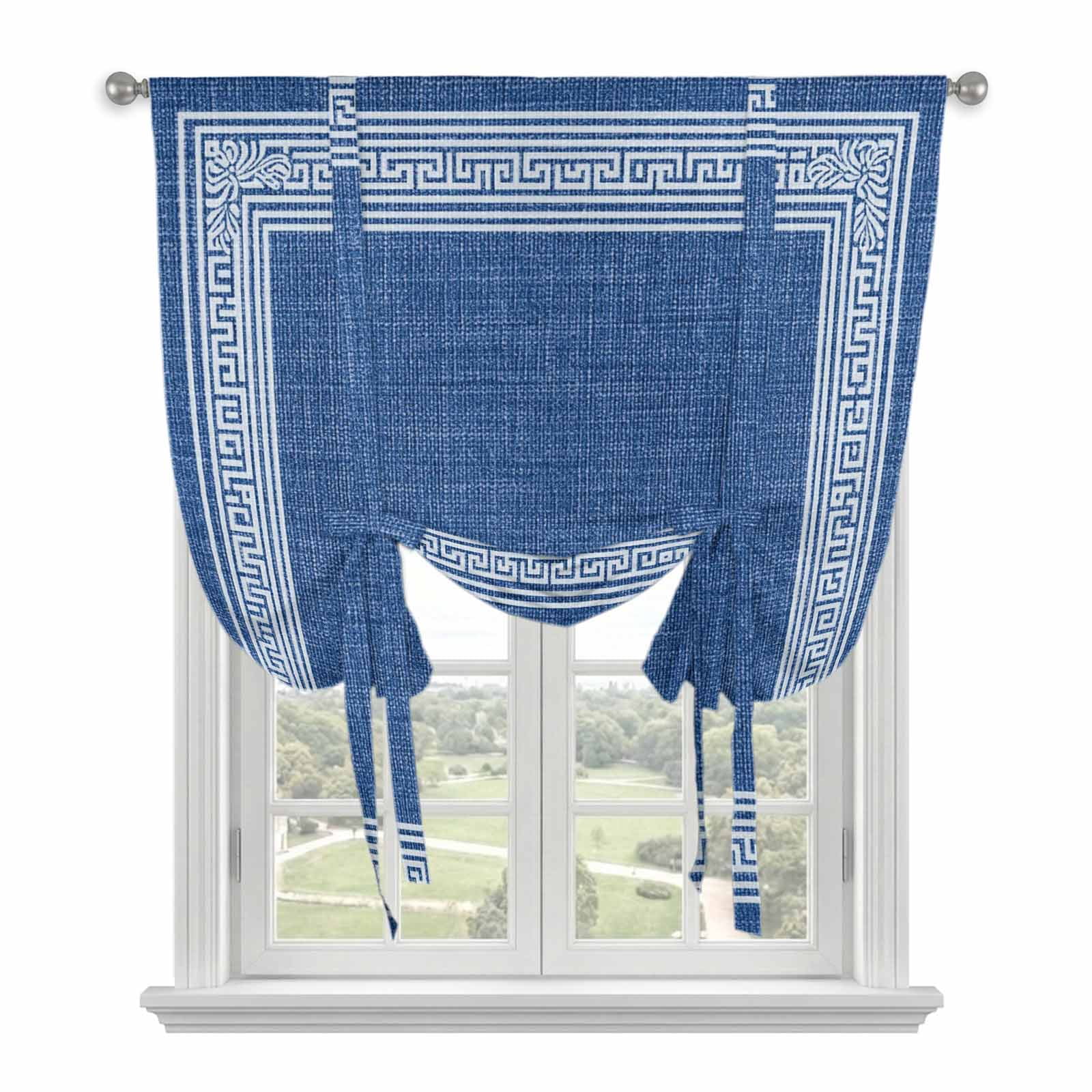 Dark Blue Retro Greek Key Tie Up Curtain Valance for Window,Adjustable ...