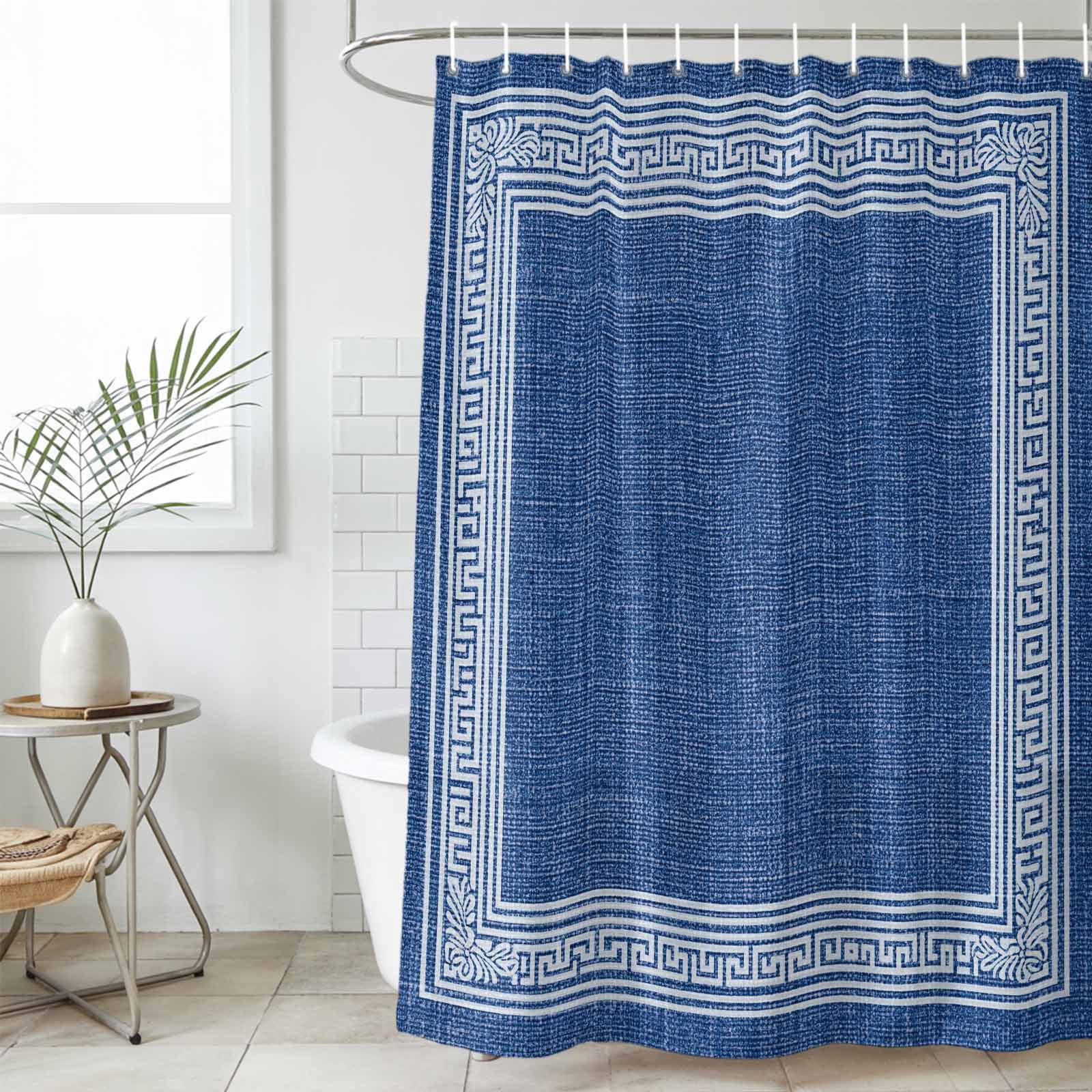 Dark Blue Retro Greek Key Waterproof Fabric Shower Curtain,Geometric ...
