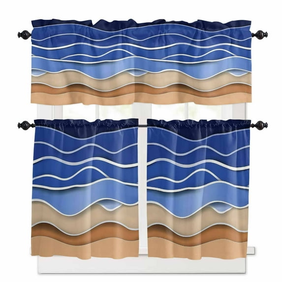 Dark Blue Ripple Kitchen Curtains Valance and Tier Set Dark Blue ...