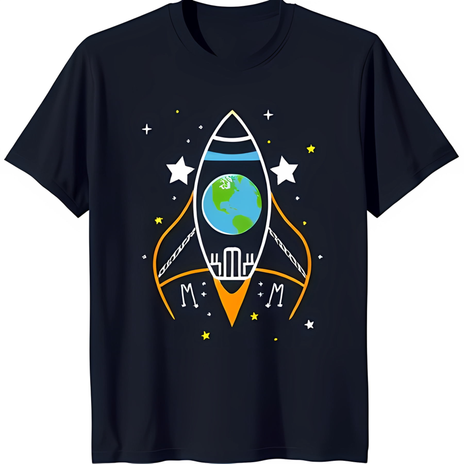 Dark Blue Rocket Ship T-Shirt with Earth and Stars Tee - Walmart.com