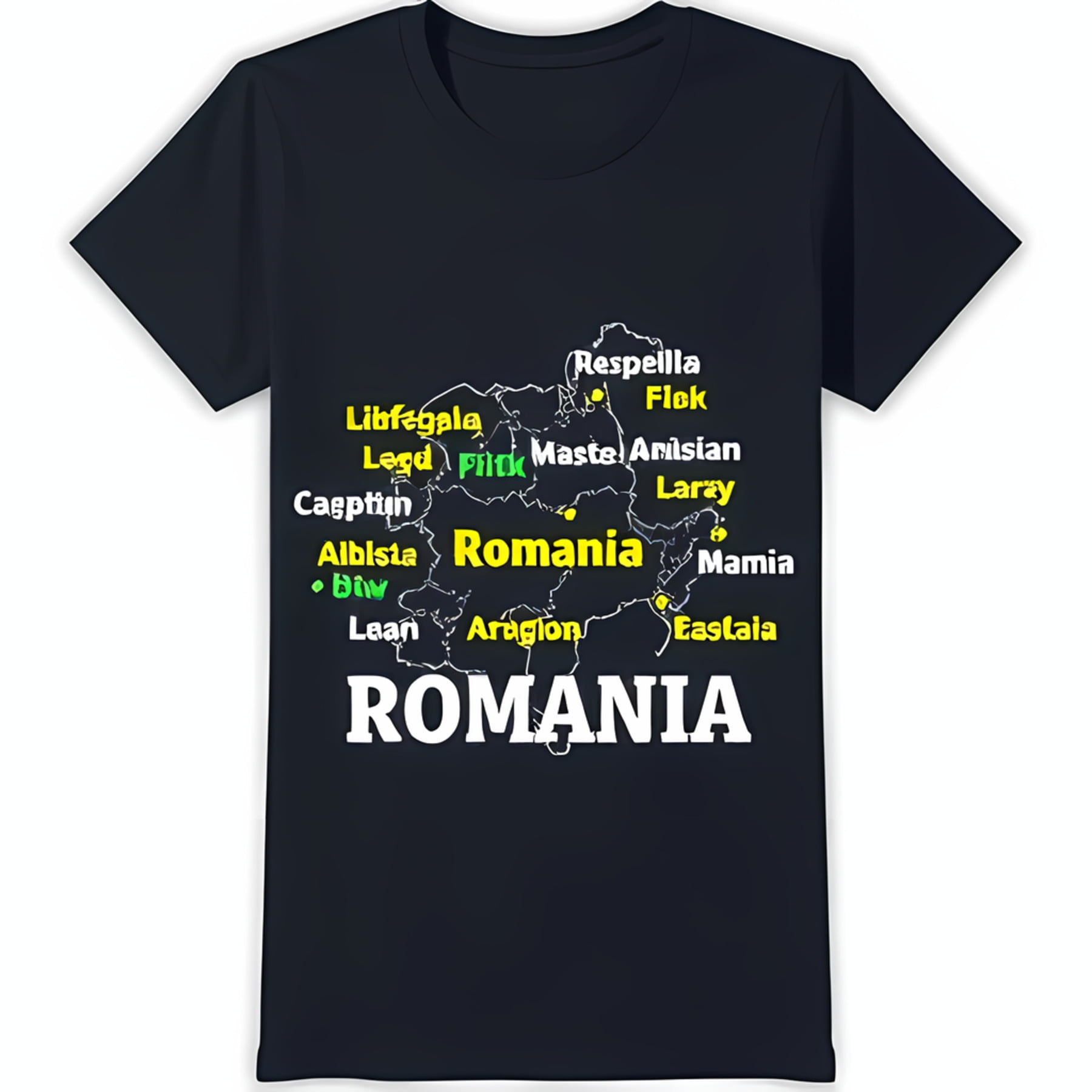 Dark Blue Romania Map T-Shirt with Yellow & Green Accents Unique ...
