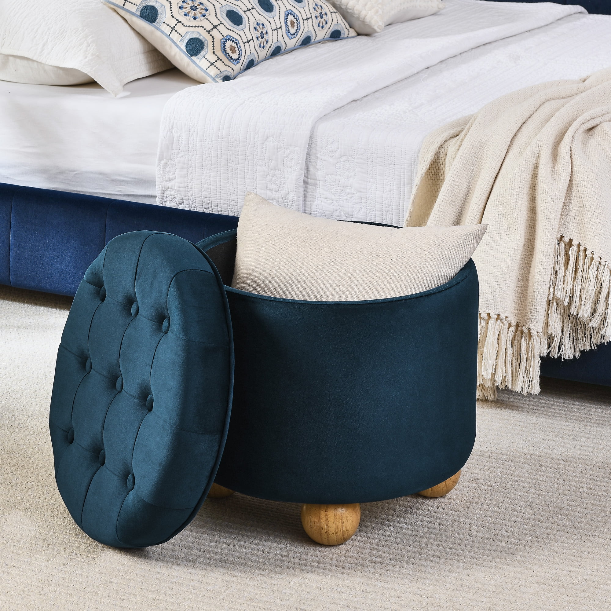 Dark Blue Round Storage Ottoman Flannel Reversible Lid Storage ...