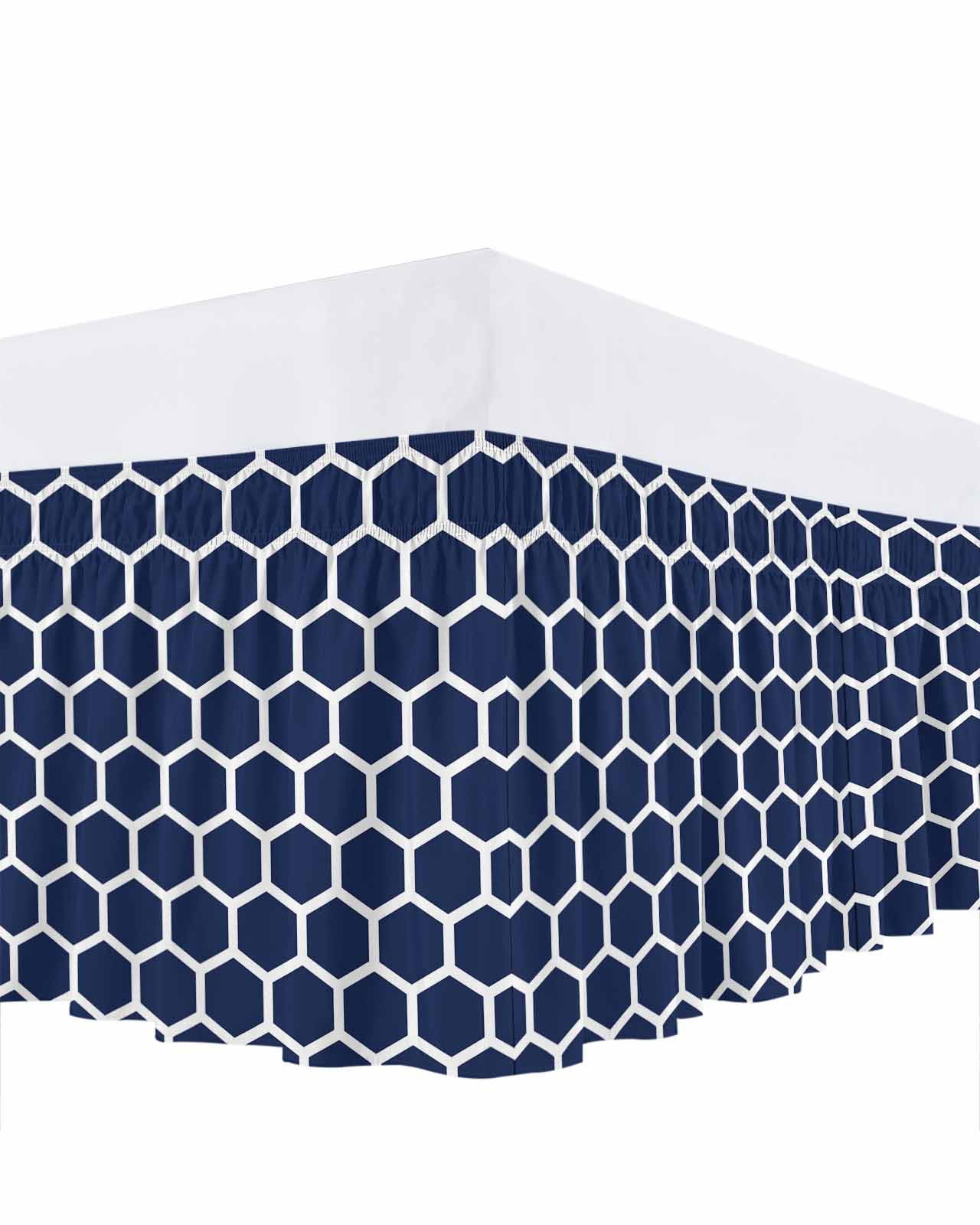 Dark Blue Ruffle Bed Skirt King Size Honeycomb Hexagon Retro Geometric ...