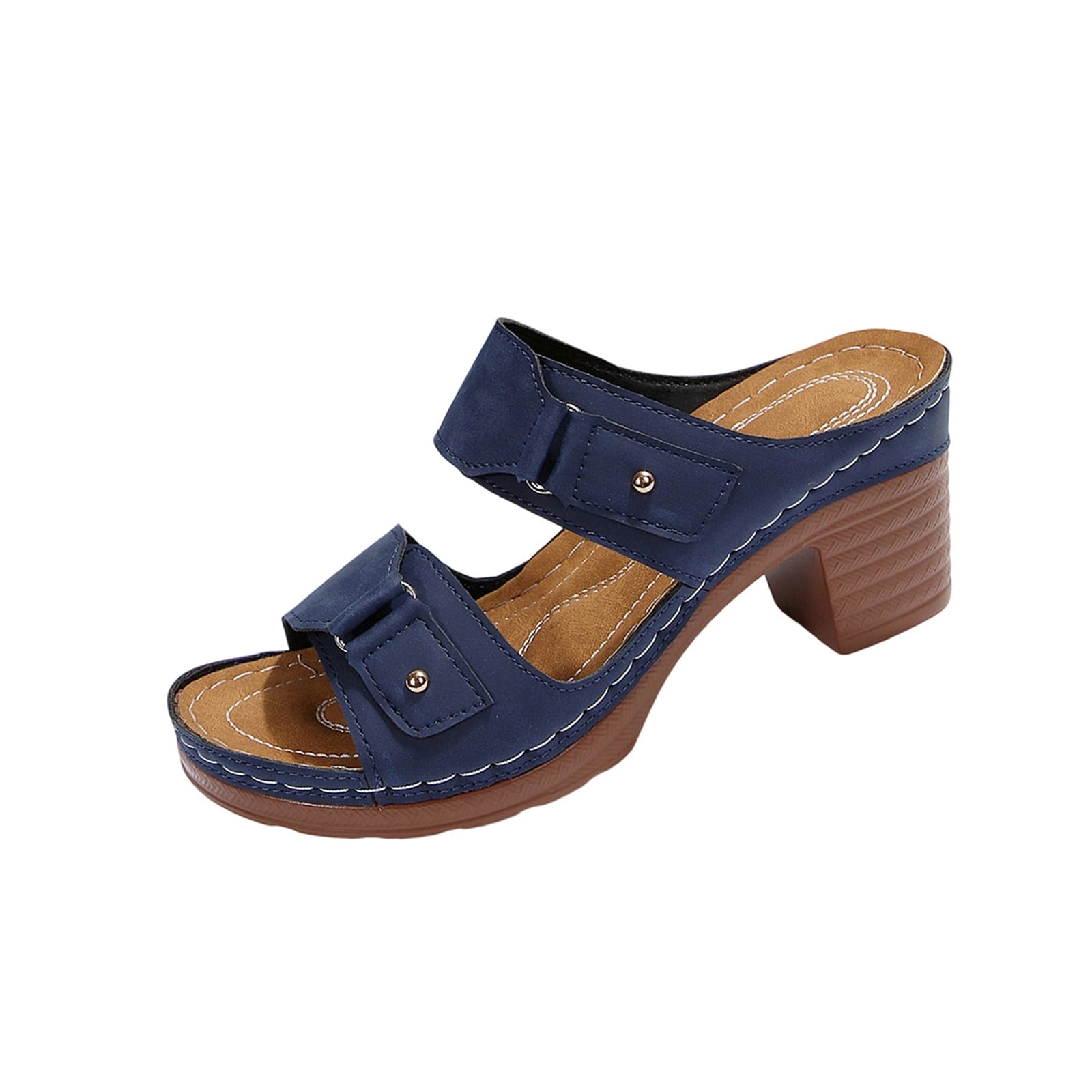 Dark Blue Sandals Heels For Women Casual Open Toe Chunky Heel Slide ...