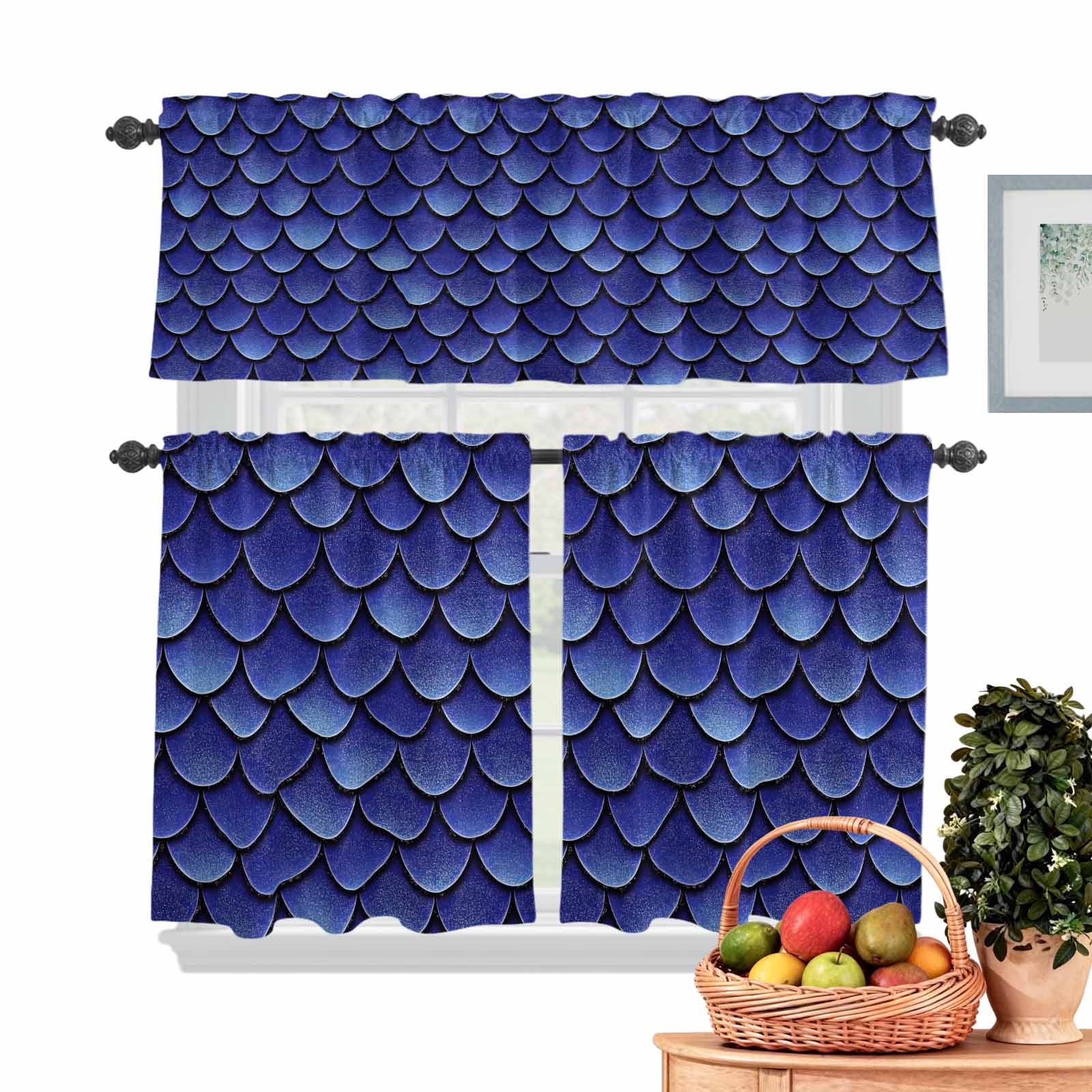 Dark Blue Scale Kitchen Curtains Valances 3 Piece Set, Gradient Ripple ...