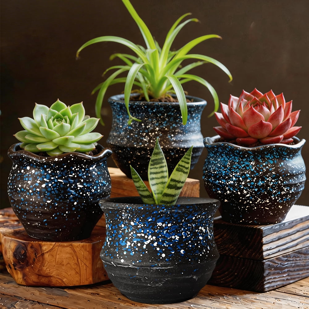 Dark Blue Series Ceramic Flower Pots 4-Piece Set, suitable for planting ...