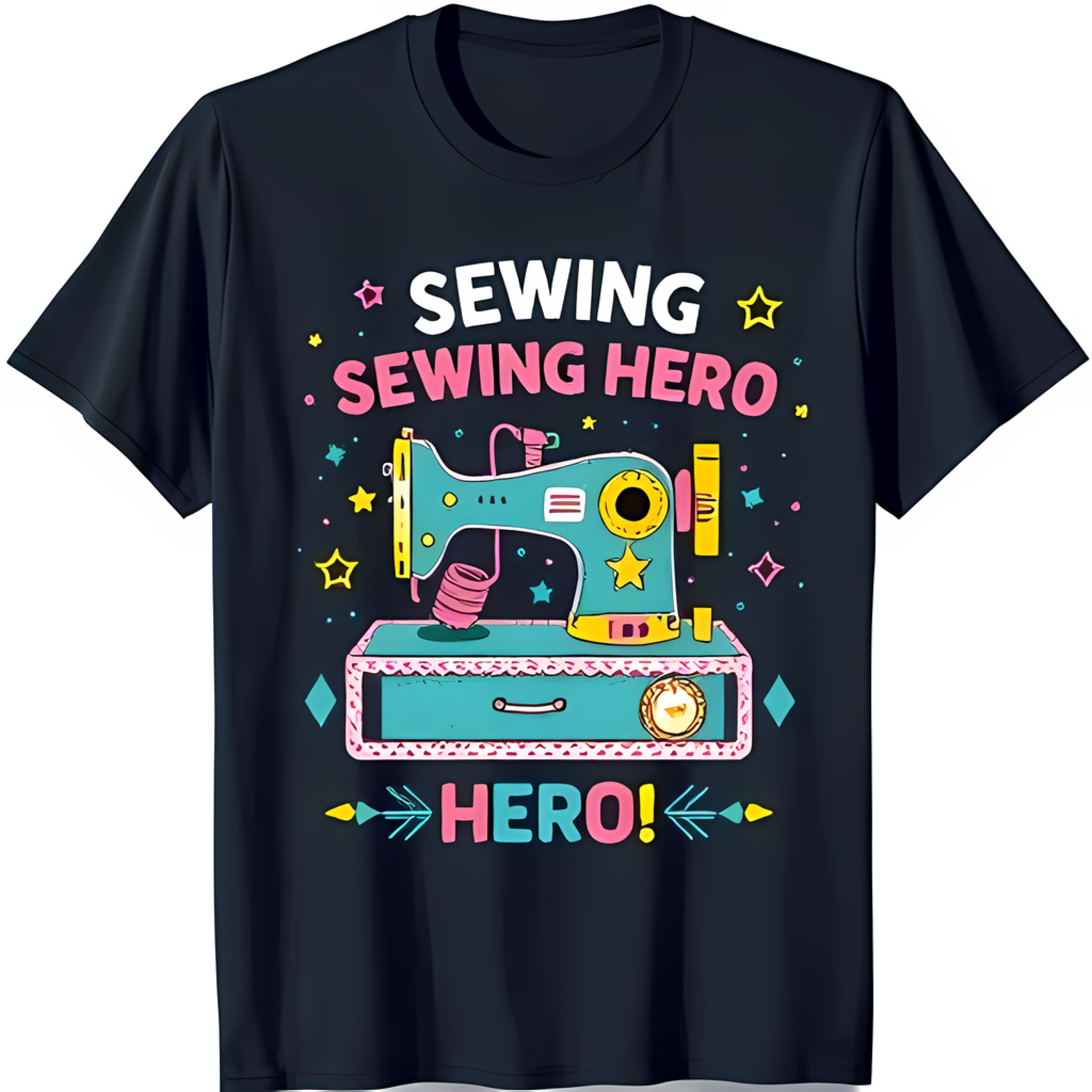 Dark Blue Sewing Hero T-Shirt with Cartoon Sewing Machine & Colorful ...