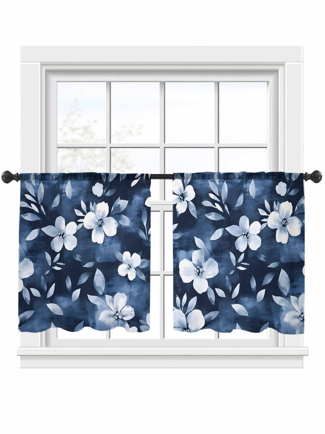 Dark Blue Sheer Curtains 2 Panels Set Wildflower Watercolor Ink Floral ...